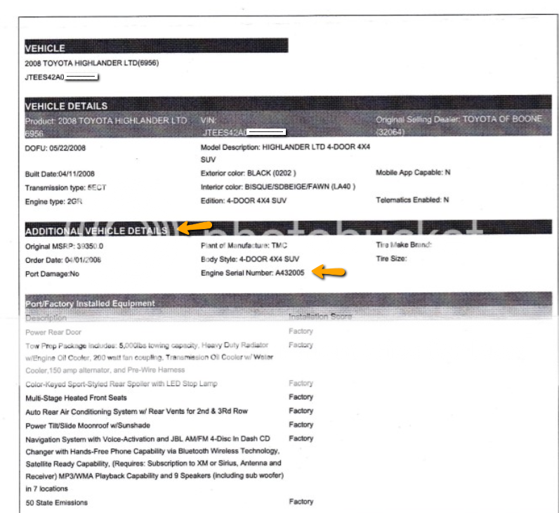 2010 highlander engine serial number location | Toyota Nation Forum